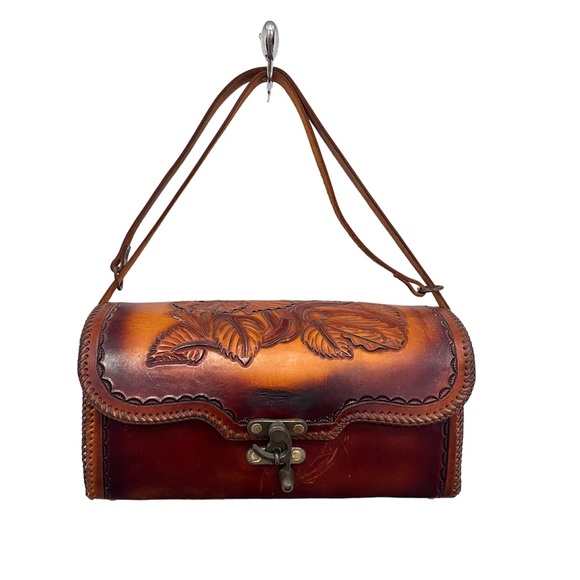Bags | Vintage 197s Leather Tooled Hibiscus Flowers Barrel Shoulder Bag ...